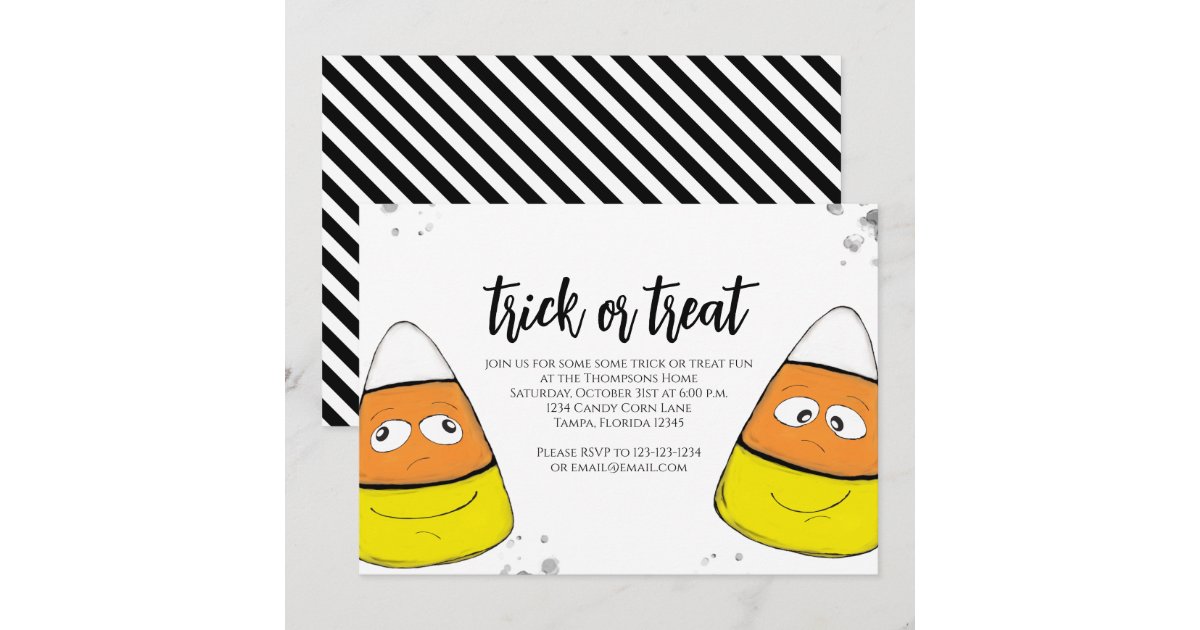 Halloween Cute Candy Corn Trick Or Treat Script Invitation | Zazzle