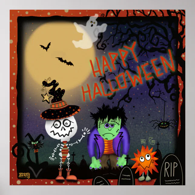 Halloween Cute Spooky Skeleton Cat Monsters Poster | Zazzle