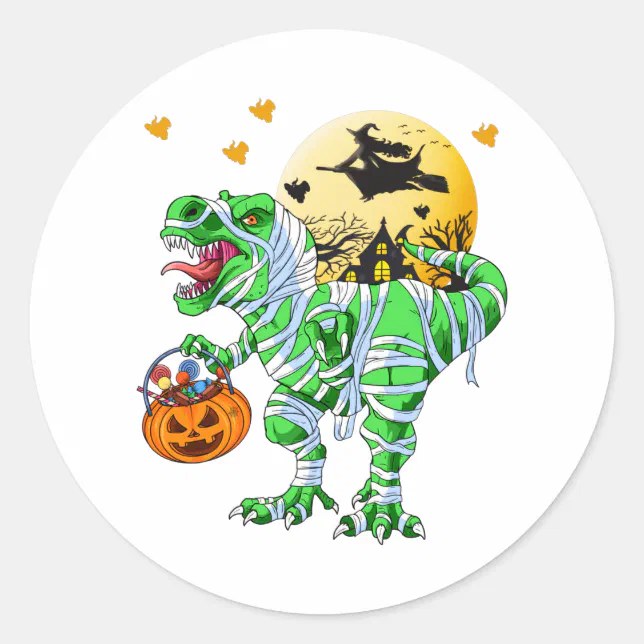 Halloween Dinosaur T Rex Mummy Pumpkin Classic Round Sticker | Zazzle