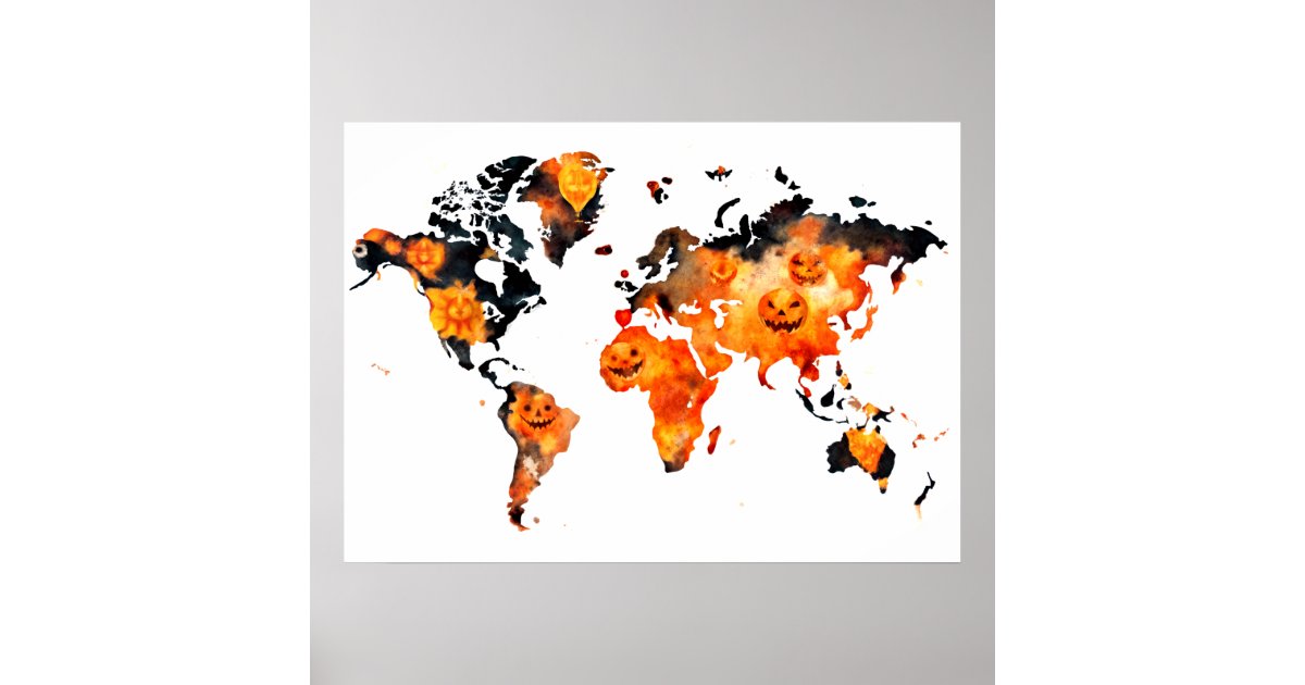 Halloween Pumpkin POD Wall Art World Map Poster | Zazzle