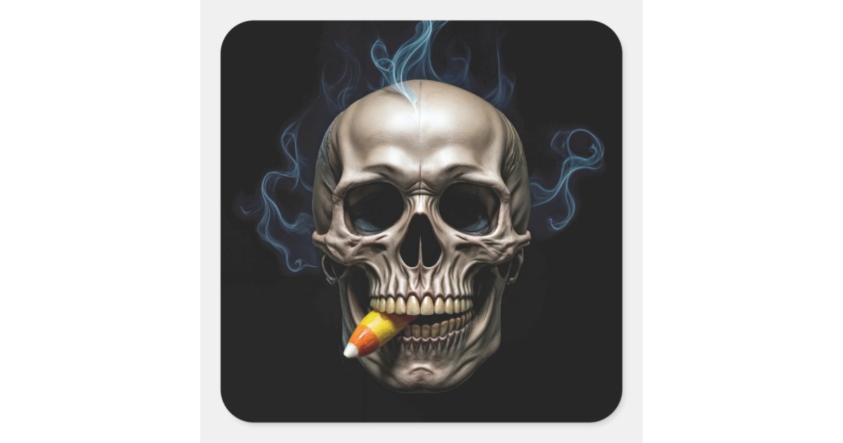 Halloween Smoking Skull Biting Candy Corn Square Sticker | Zazzle