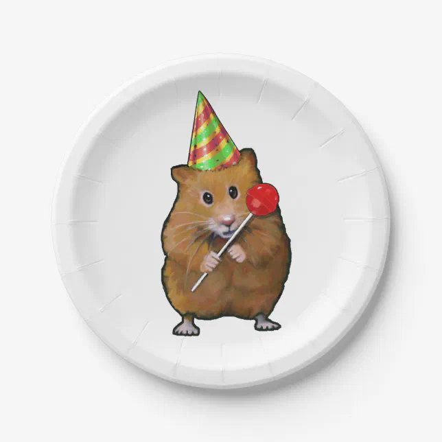 Hamster with Party Hat and Lollipop, Illustration Paper Plate | Zazzle
