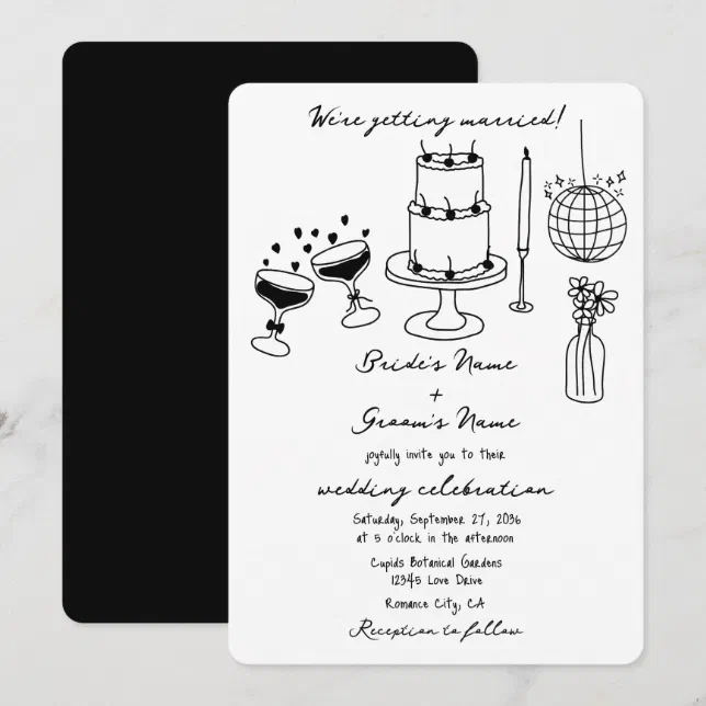 Hand Drawn Black Illustrations Doodles Wedding Invitation | Zazzle