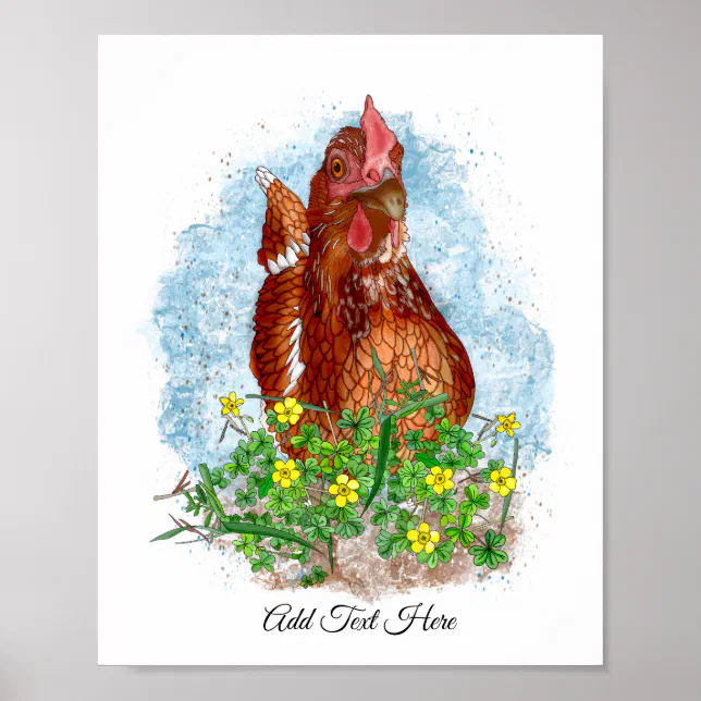 Hand drawn Chicken Art | Cute Chicken in Flowers Poster | Zazzle