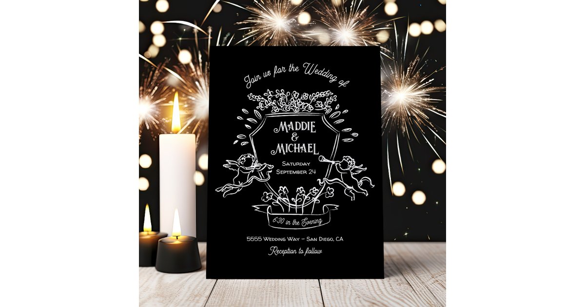 Hand Drawn Doodle Cherub Cupid Crest Wedding Invitation | Zazzle
