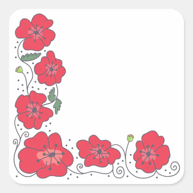 Hand Drawn Doodle Floral Poppy Corner Border Square Sticker | Zazzle