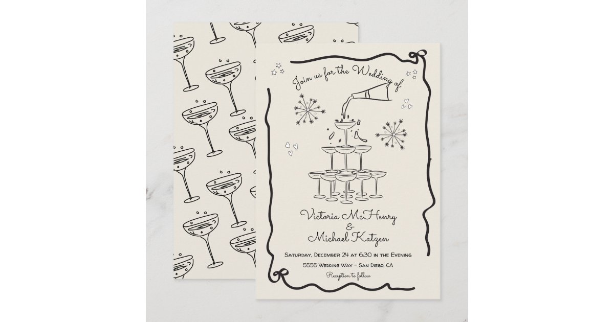 Hand drawn Funky Champagne tower Wedding Invitation | Zazzle