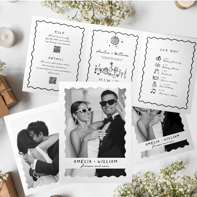 Hand Drawn Funky Photo QR Code RSVP wedding Tri-Fold Invitation | Zazzle