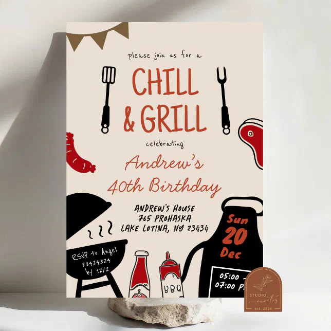 Hand Drawn Minimalist BBQ Chill and Grill Birthday Invitation | Zazzle