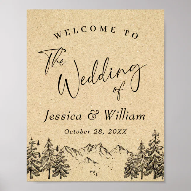 Hand Drawn Mountains Forest Wedding Welcome Poster | Zazzle
