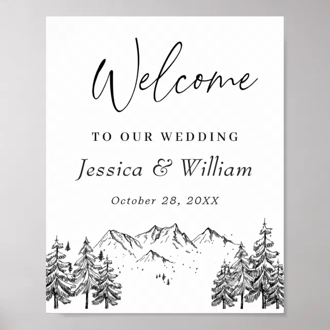 Hand Drawn Mountains Forest Wedding Welcome Poster | Zazzle