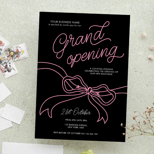 Hand Drawn Ribbon Unique Black Pink Grand Opening Invitation | Zazzle