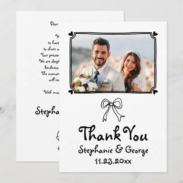 Hand drawn scribble whimsical photo wedding Thank You Card | Zazzle