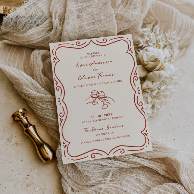 Hand Drawn Terracotta Frame Wedding Invitation | Zazzle
