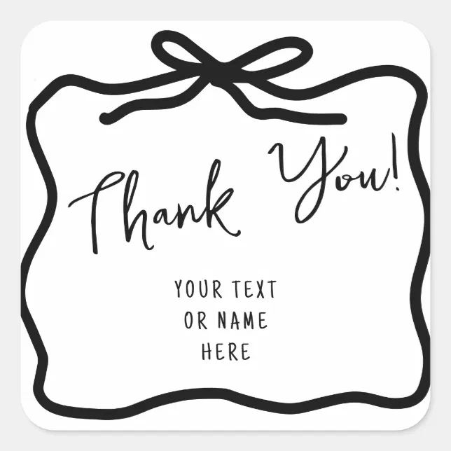 Hand Drawn Whimsical Bow Thank You Typography Square Sticker | Zazzle