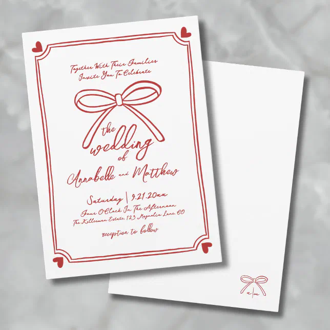 Hand Drawn Whimsical Red Bow Wedding Invitation | Zazzle