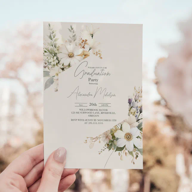 Hand-drawn Wildflowers Elegant Sage Graduation Invitation | Zazzle