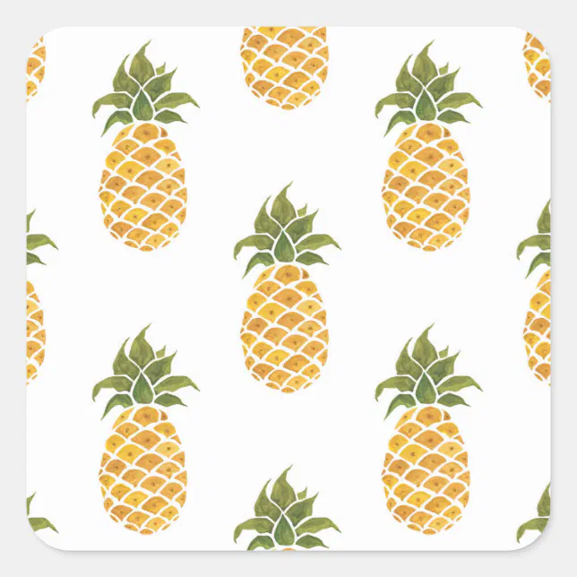 Hand-painted pineapples, watercolor background. square sticker | Zazzle