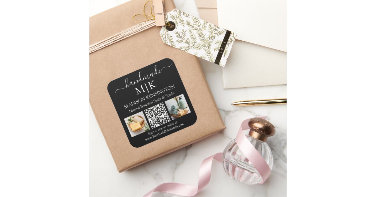 Handmade Monogram or Add Logo Business QR 2 Photo Square Sticker | Zazzle