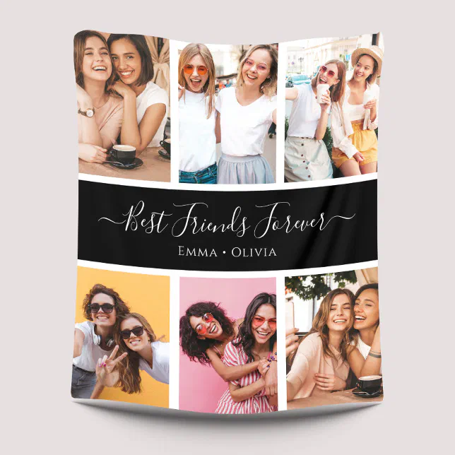 Handwritten Script Best Friends with Names 6-Photo Fleece Blanket | Zazzle
