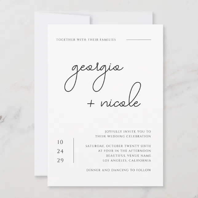 Handwritten Script Names Black and White Wedding Invitation | Zazzle