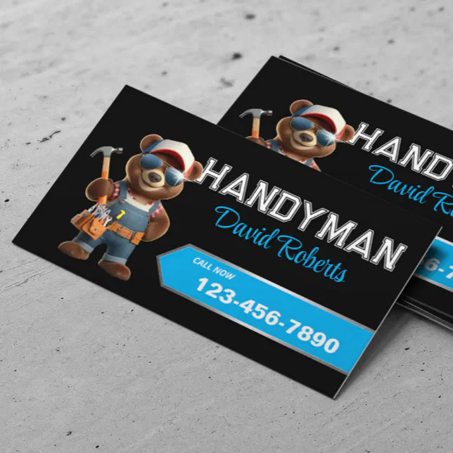 Handyman Bear Carpenter House Repair Plain Black Business Card | Zazzle