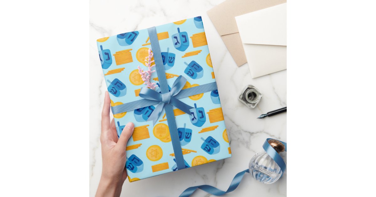 Hanukkah Dreidel Game Gelt Dark Blue Wrapping Paper | Zazzle