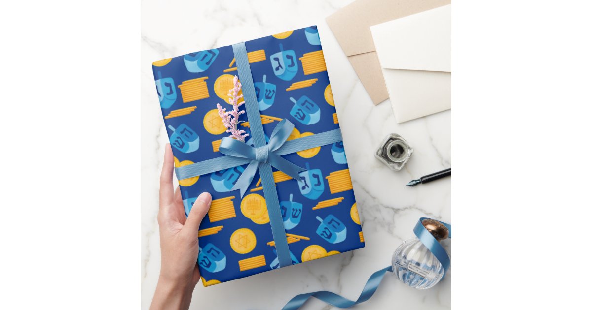 Hanukkah Dreidel Game Gelt Dark Blue Wrapping Paper | Zazzle