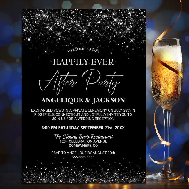 Happily Ever After Black Glitter Wedding Reception Invitation | Zazzle