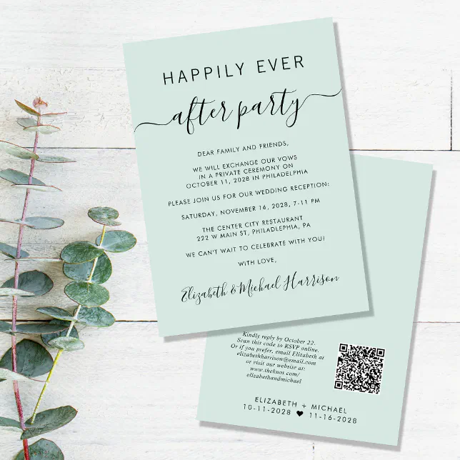 Happily Ever After QR Code Mint Wedding Reception Invitation | Zazzle