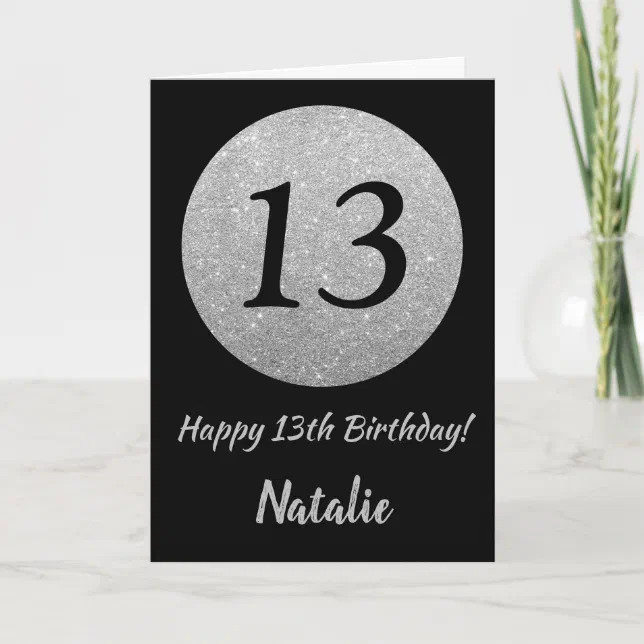 Happy 13th Birthday Black and Silver Glitter Card | Zazzle