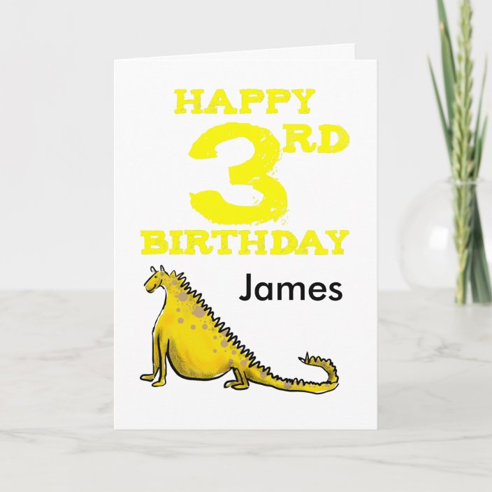 Happy 3rd birthday cartoon dinosaur in yellow boys card | Zazzle