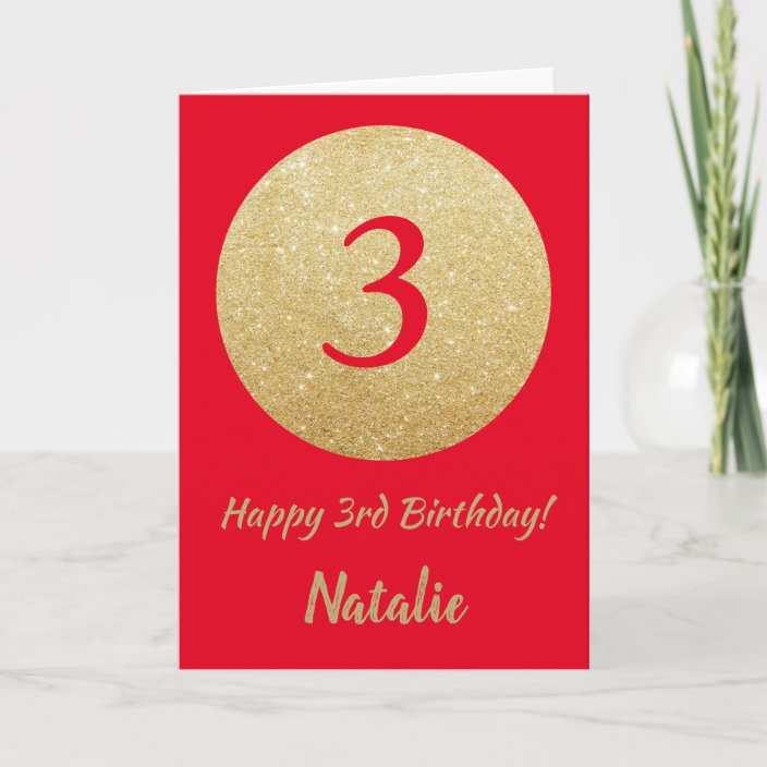 Happy 3rd Birthday Red and Gold Glitter Card | Zazzle.co.uk