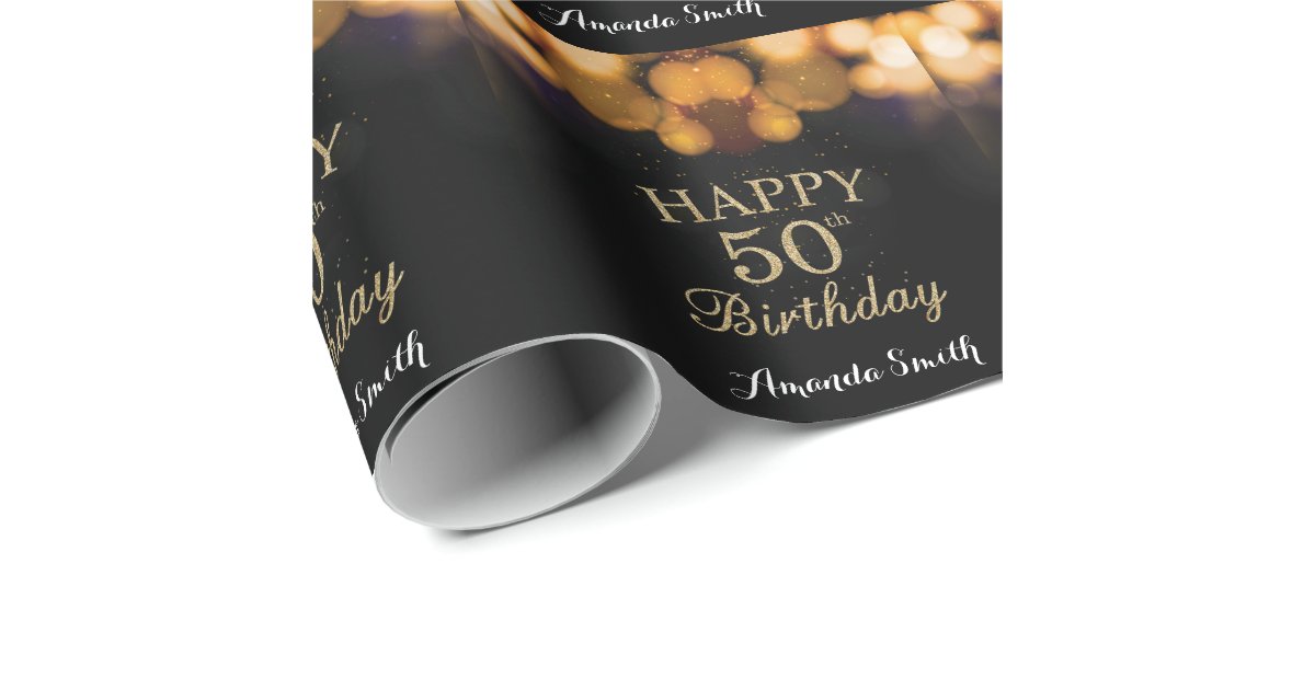 Happy 50th Birthday Black and Gold Glitter Wrapping Paper | Zazzle
