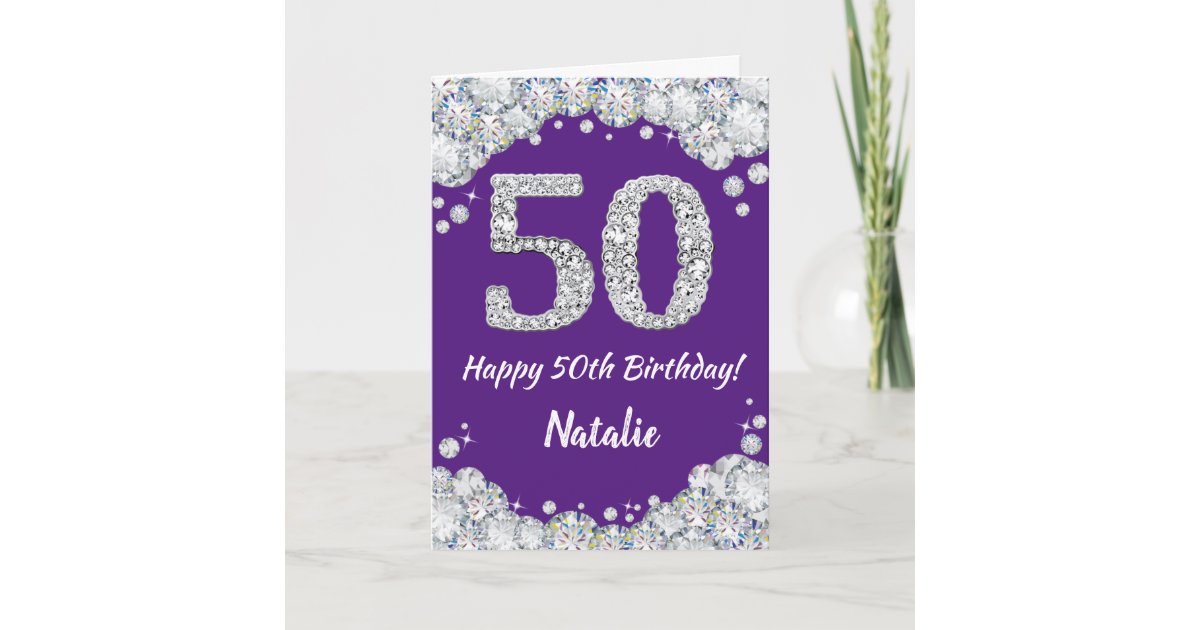Happy 50th Birthday Purple and Silver Glitter Card | Zazzle