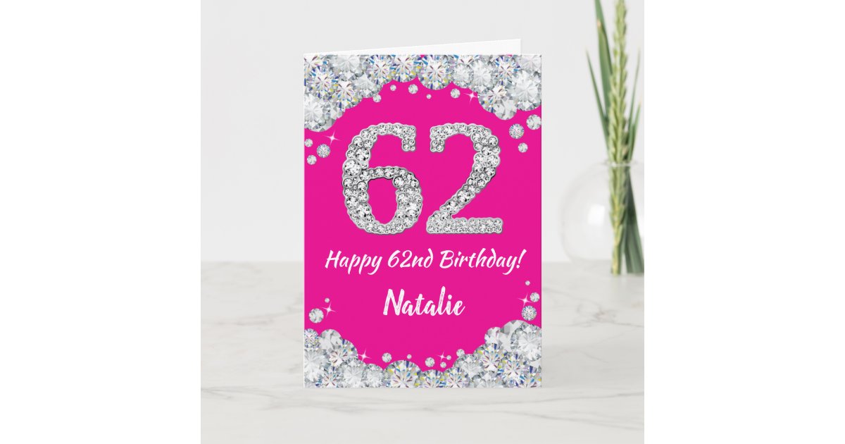 Happy 62nd Birthday Hot Pink and Silver Glitter Card | Zazzle