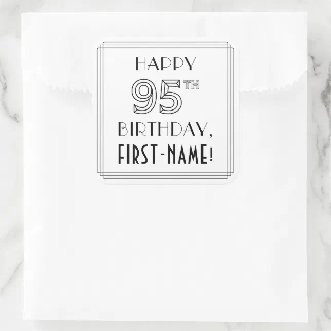 HAPPY 95TH BIRTHDAY, Art Deco Style, Custom Name Square Sticker | Zazzle
