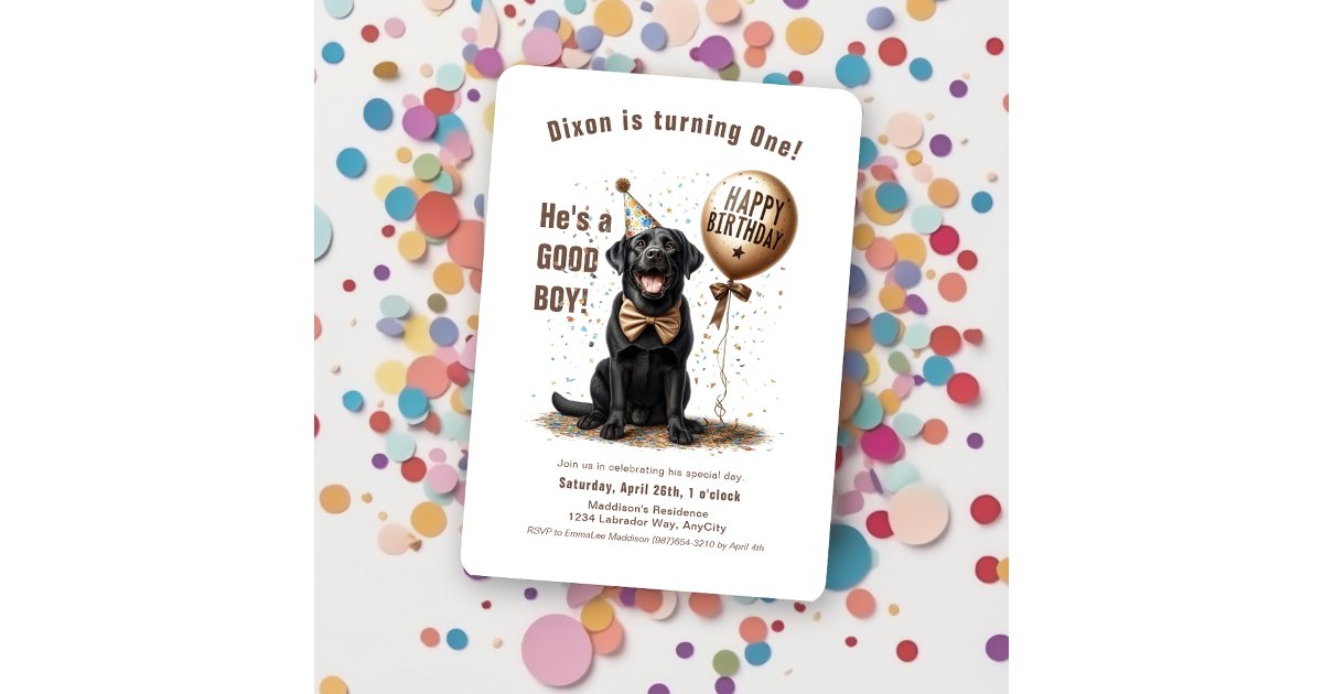 Happy Birthday Black Labrador Balloon Custom Invitation | Zazzle