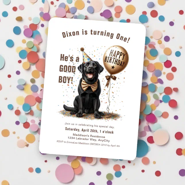 Happy Birthday Black Labrador Balloon Custom Invitation | Zazzle