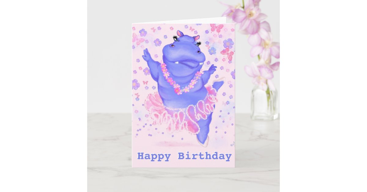 Happy Birthday Card Prima Ballerina Hippo Cartoon | Zazzle