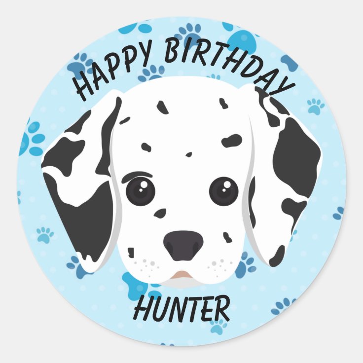 Happy Birthday Dalmatian Puppy Blue Paw Print Classic Round Sticker ...