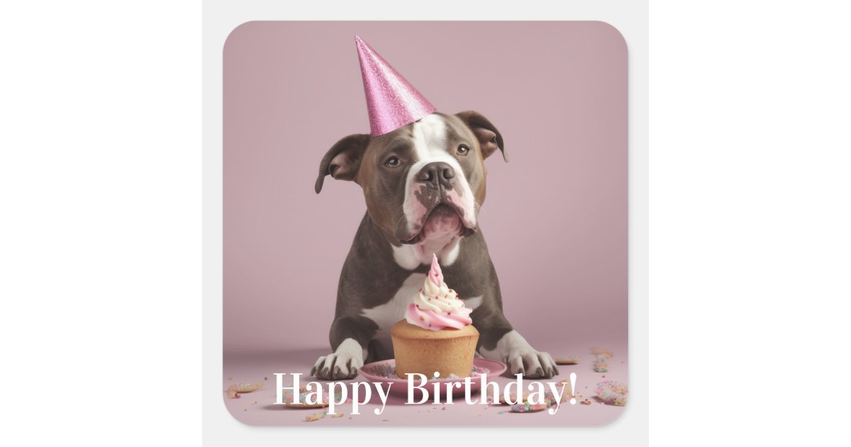 Happy Birthday! Dog eating cake Square Sticker | Zazzle