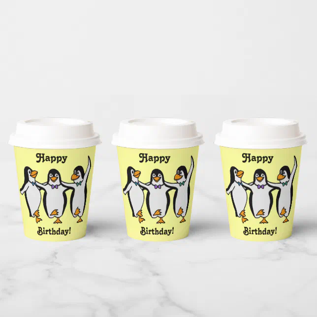 Happy Birthday! Fun Dancing Penguins Paper Cups | Zazzle