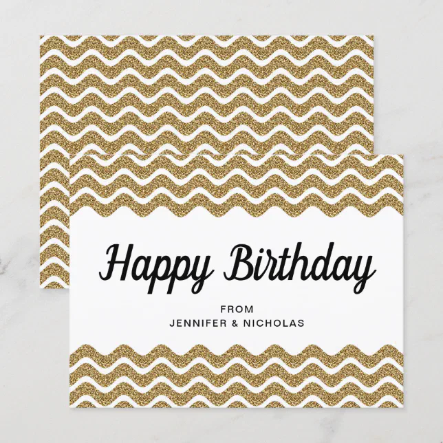 Happy Birthday Gold Glitter White Chevron Stripes Postcard | Zazzle