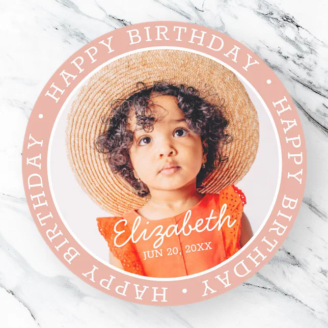 Happy Birthday Modern Preppy Custom Photo Classic Round Sticker | Zazzle