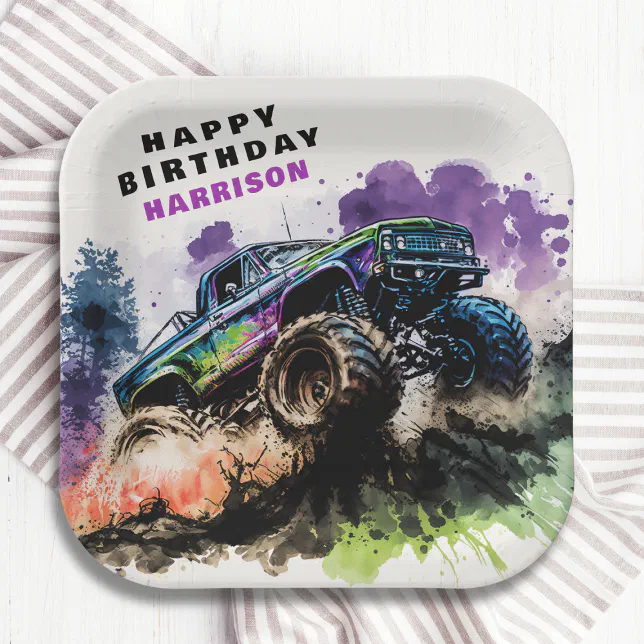 Happy Birthday Monster Truck Smash Crash Boy Paper Plate | Zazzle