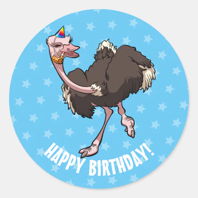 Happy Birthday Party Dancing Cartoon Ostrich Classic Round Sticker | Zazzle