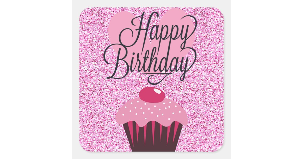 Happy Birthday Pink Glitter Cupcake Stickers | Zazzle