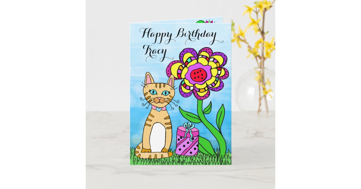 Happy Birthday Whimsical Cat and Flowers Card | Zazzle