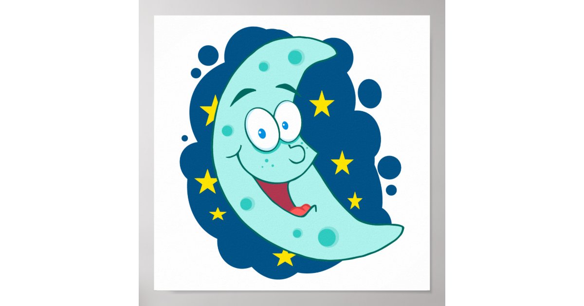 happy blue moon cartoon character poster | Zazzle